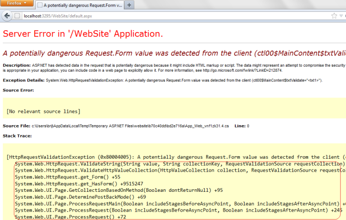 Examining Request Validation With Aspnet 45 Codeproject