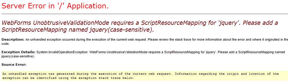Webforms Unobtrusivevalidationmode Requires A Scriptresourcemapping For Jquery Codeproject